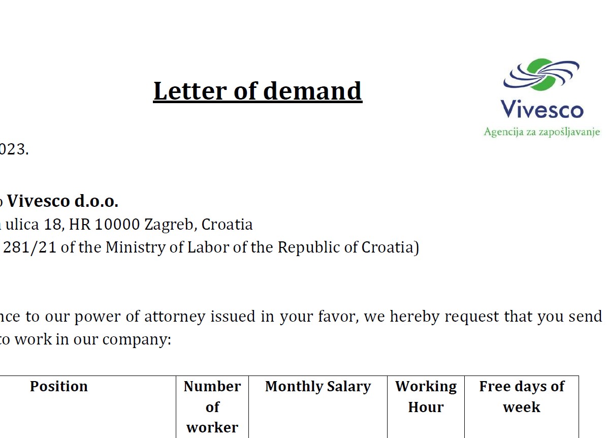 Demand letters - Vivesco d.o.o.